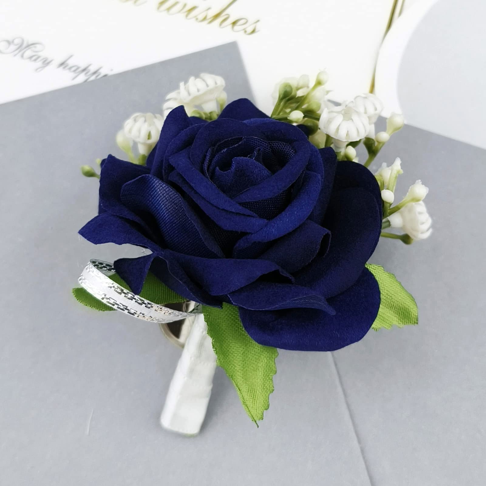 MAFELOE 2Pcs of Wrist Corsage and Boutonniere Set, Artificial Flowers Accessories Suit Decor for Wedding Prom Party Homecoming Ceremony Anniversary - Navy Blue