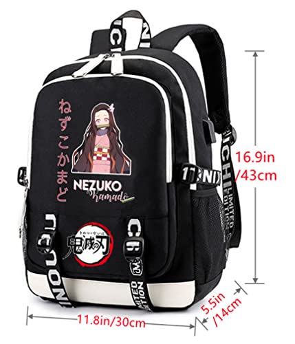 XIXISA 17 INCH Nezuko Backpack with USB Charging Port, Anime Book Bag Nezuko Canvas Laptop Backpack for School Travel (Kamado Nezuko)