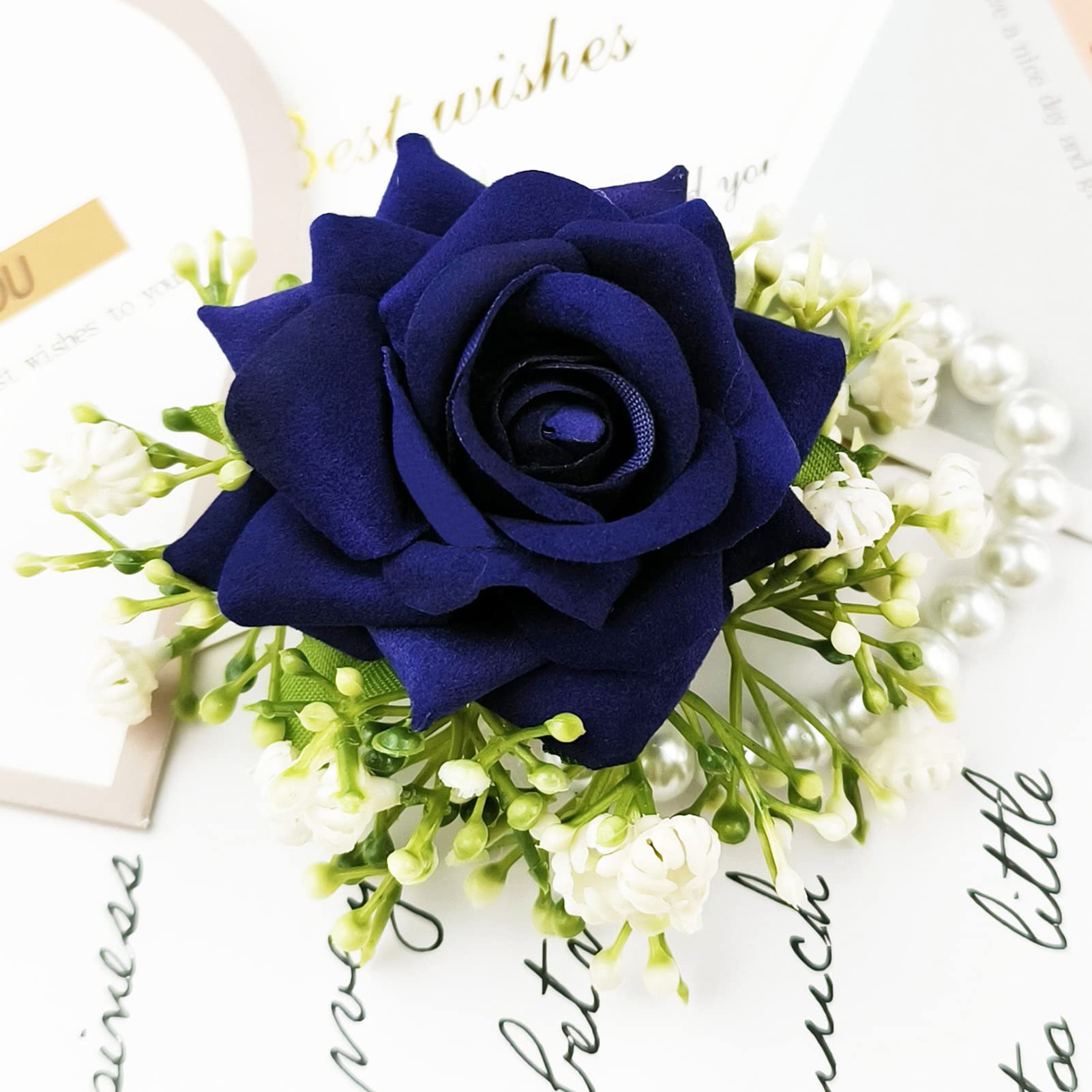 MAFELOE 2Pcs of Wrist Corsage and Boutonniere Set, Artificial Flowers Accessories Suit Decor for Wedding Prom Party Homecoming Ceremony Anniversary - Navy Blue