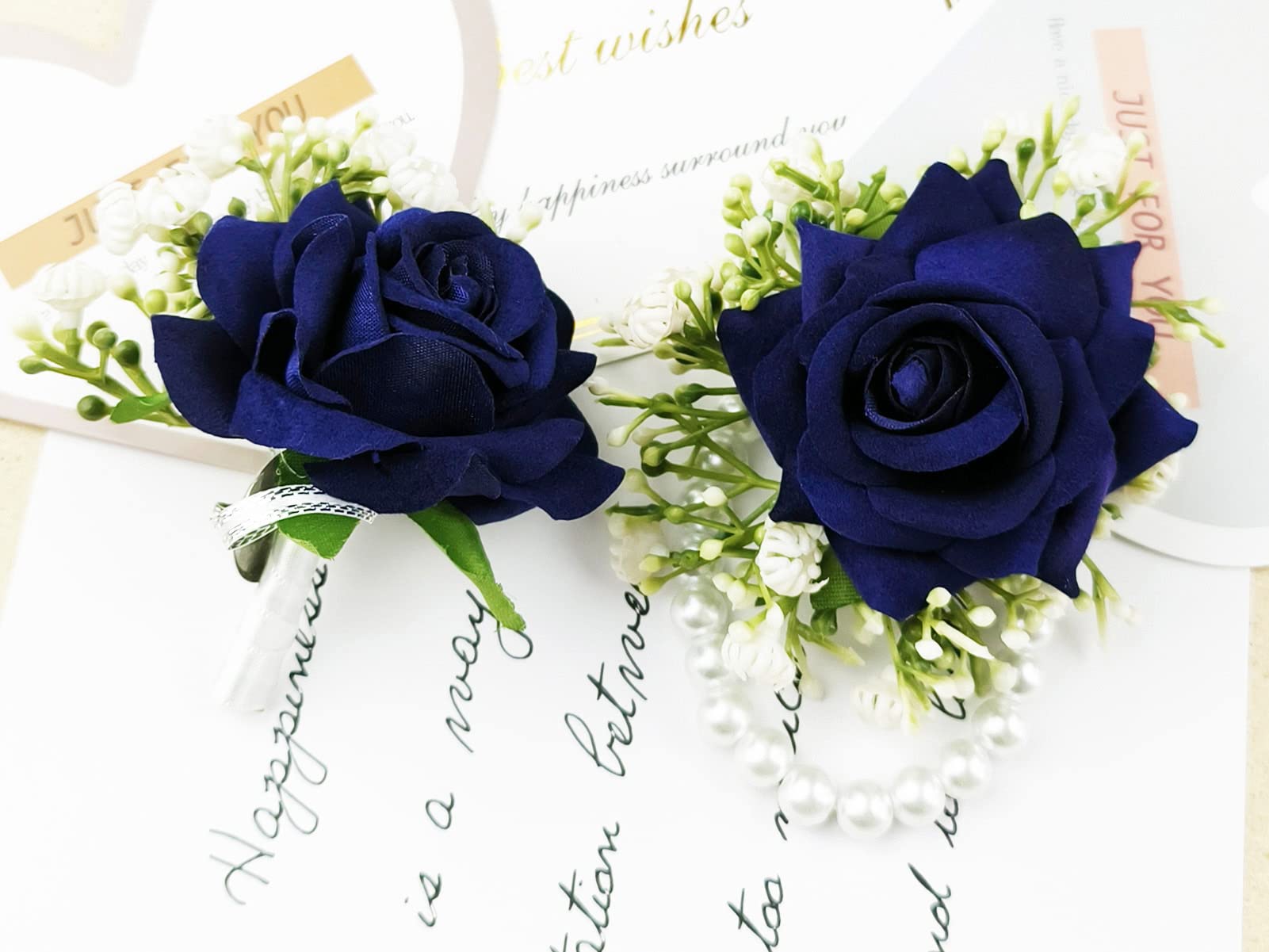MAFELOE 2Pcs of Wrist Corsage and Boutonniere Set, Artificial Flowers Accessories Suit Decor for Wedding Prom Party Homecoming Ceremony Anniversary - Navy Blue