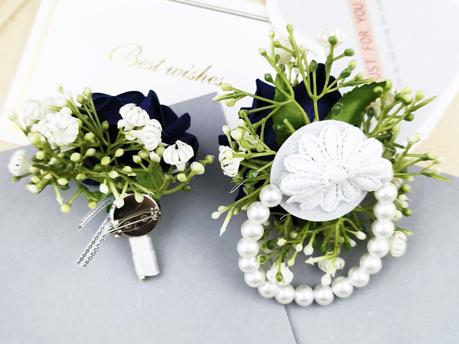 MAFELOE 2Pcs of Wrist Corsage and Boutonniere Set, Artificial Flowers Accessories Suit Decor for Wedding Prom Party Homecoming Ceremony Anniversary - Navy Blue