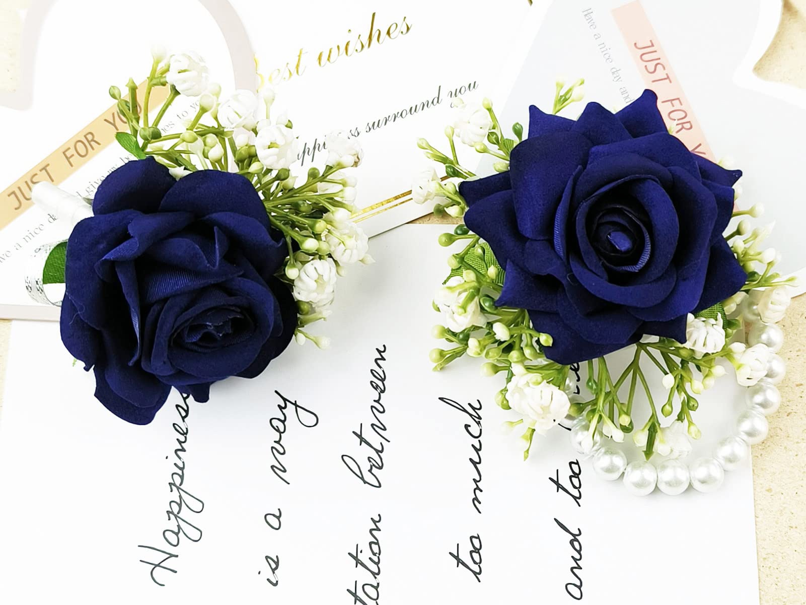 MAFELOE 2Pcs of Wrist Corsage and Boutonniere Set, Artificial Flowers Accessories Suit Decor for Wedding Prom Party Homecoming Ceremony Anniversary - Navy Blue