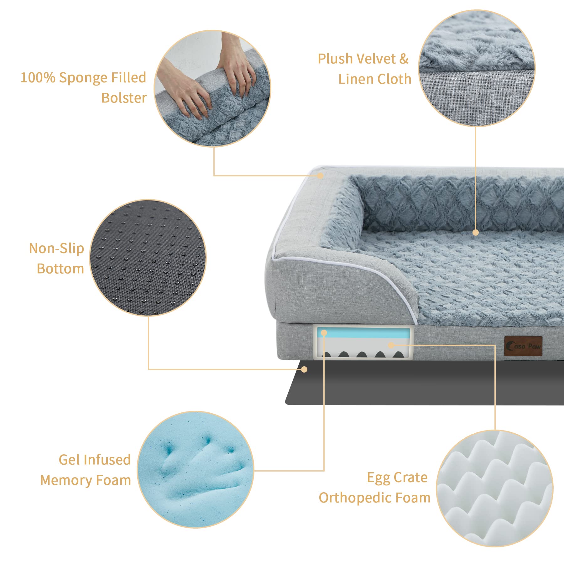 Casa Paw Orthopedic Dog Beds for Large Dogs, Waterproof Memory Foam Large Sized Dog Bed with Sides, Non-Slip Bottom and Egg-Crate Foam Big Dog Bed with Removable Washable Cover(Large,Light Grey)