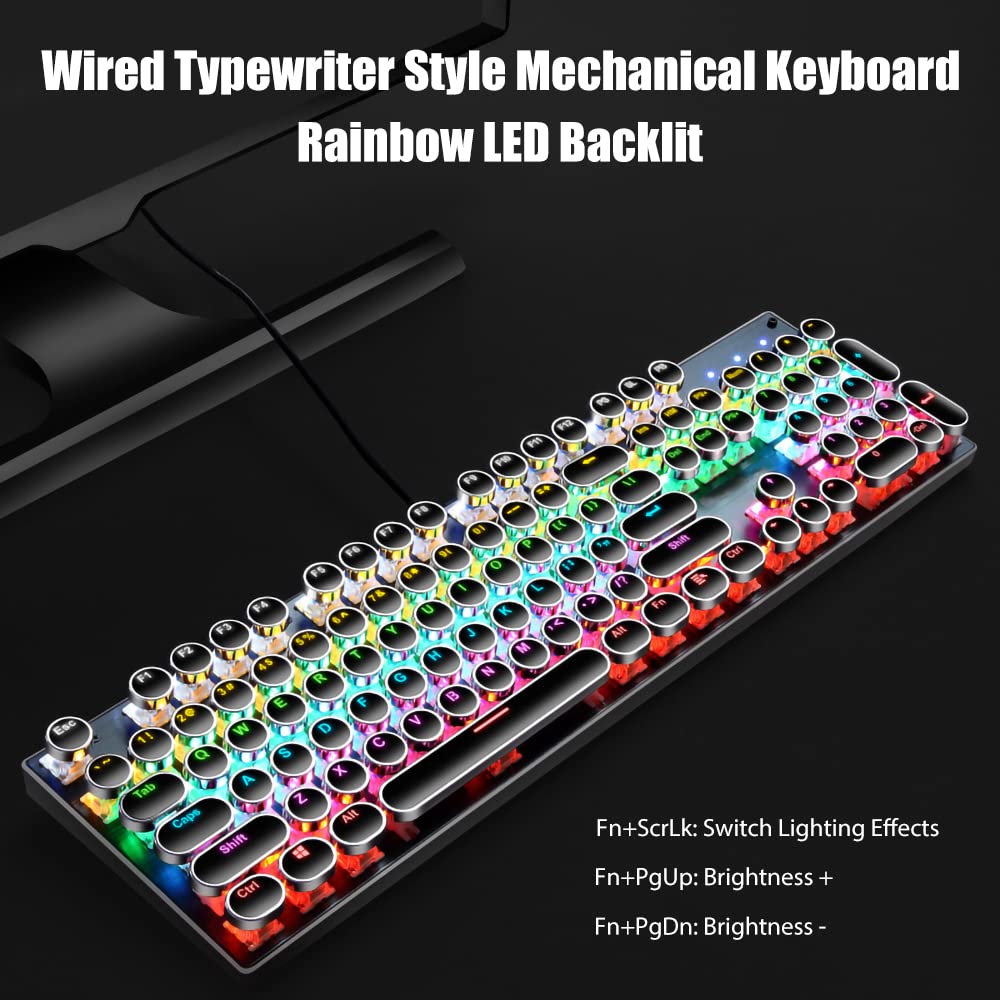 TISHLED Typewriter Style Mechanical Gaming Keyboard RGB LED Backlit 104-Key Clicky Blue Switches Retro Steampunk Round Keycaps Metal Panel Light Up Keyboard Wired USB for PC/Mac/Laptop, Black