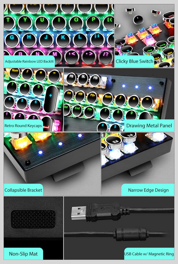TISHLED Typewriter Style Mechanical Gaming Keyboard RGB LED Backlit 104-Key Clicky Blue Switches Retro Steampunk Round Keycaps Metal Panel Light Up Keyboard Wired USB for PC/Mac/Laptop, Black