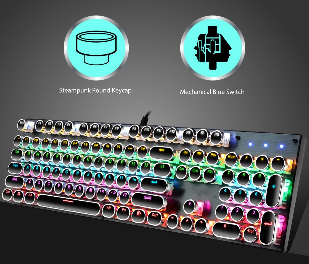 TISHLED Typewriter Style Mechanical Gaming Keyboard RGB LED Backlit 104-Key Clicky Blue Switches Retro Steampunk Round Keycaps Metal Panel Light Up Keyboard Wired USB for PC/Mac/Laptop, Black
