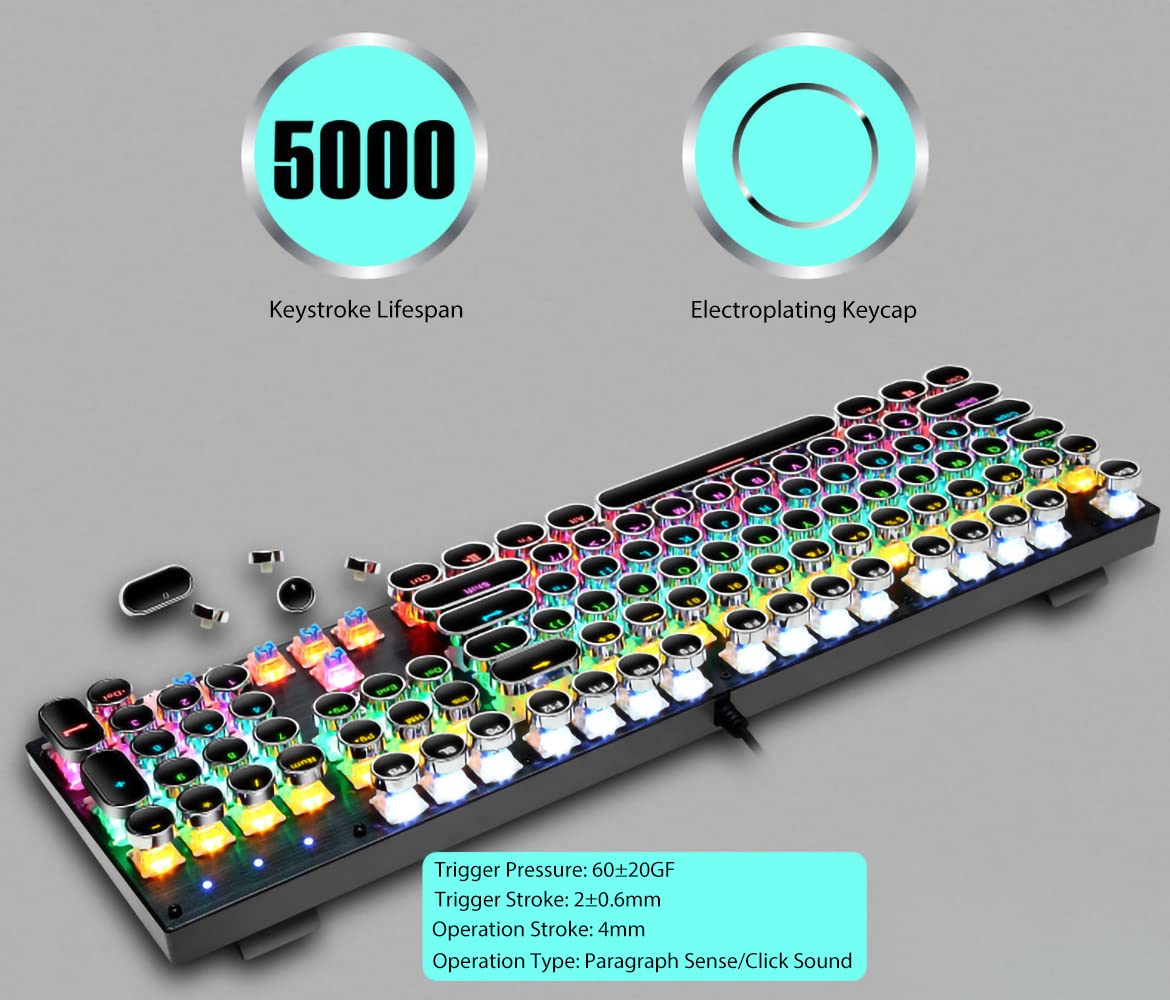 TISHLED Typewriter Style Mechanical Gaming Keyboard RGB LED Backlit 104-Key Clicky Blue Switches Retro Steampunk Round Keycaps Metal Panel Light Up Keyboard Wired USB for PC/Mac/Laptop, Black