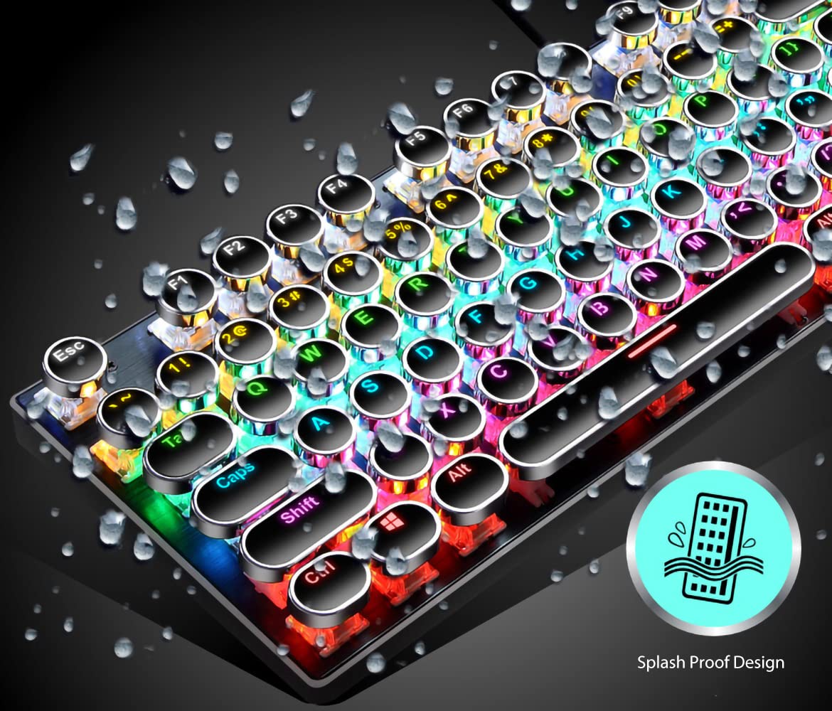 TISHLED Typewriter Style Mechanical Gaming Keyboard RGB LED Backlit 104-Key Clicky Blue Switches Retro Steampunk Round Keycaps Metal Panel Light Up Keyboard Wired USB for PC/Mac/Laptop, Black
