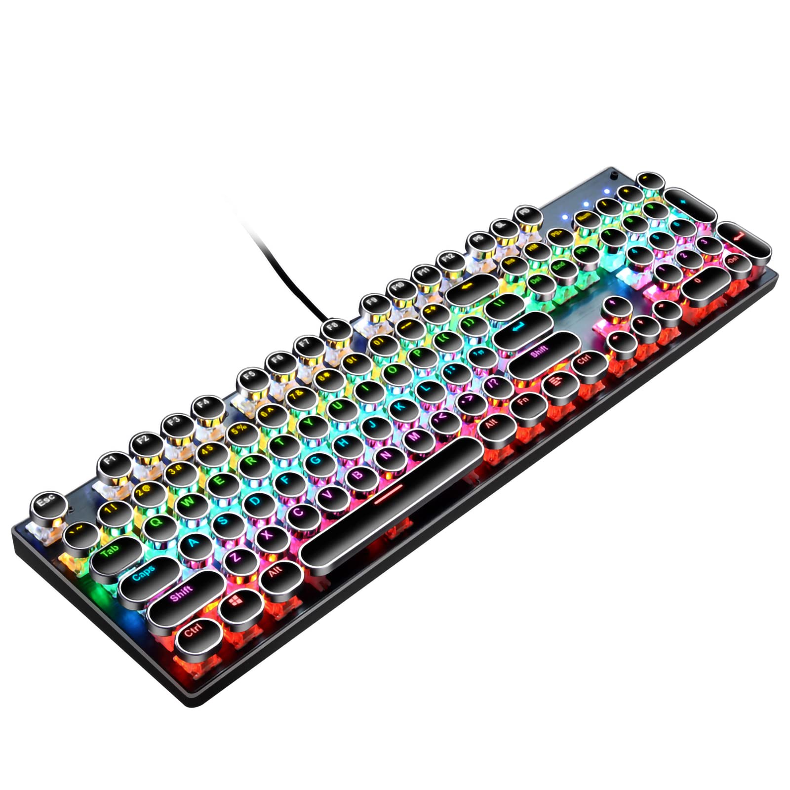 TISHLED Typewriter Style Mechanical Gaming Keyboard RGB LED Backlit 104-Key Clicky Blue Switches Retro Steampunk Round Keycaps Metal Panel Light Up Keyboard Wired USB for PC/Mac/Laptop, Black