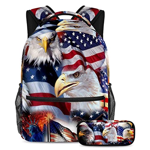 Kigauru School Backpack for Teens Girls Boys, American Flag Bald Eagle Bookbag Travel Daypack Pencil Case, Multicolor 02, 29.4x20x40cm/11.5x8x16 in