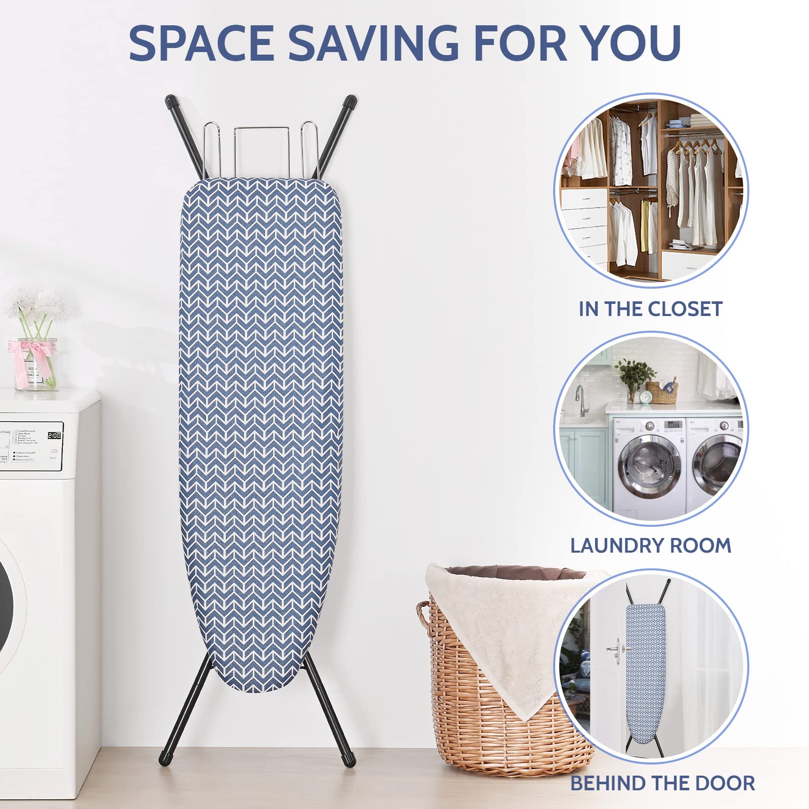APEXCHASER Ironing Board, Full Size Iron Board with Iron Rest, lightweight Ironing Board with Height Adjustable, Extra Thick Heat-Resistant Cover with Padding, Heavy-Duty Sturdy Metal Legs, 49x13 Blue
