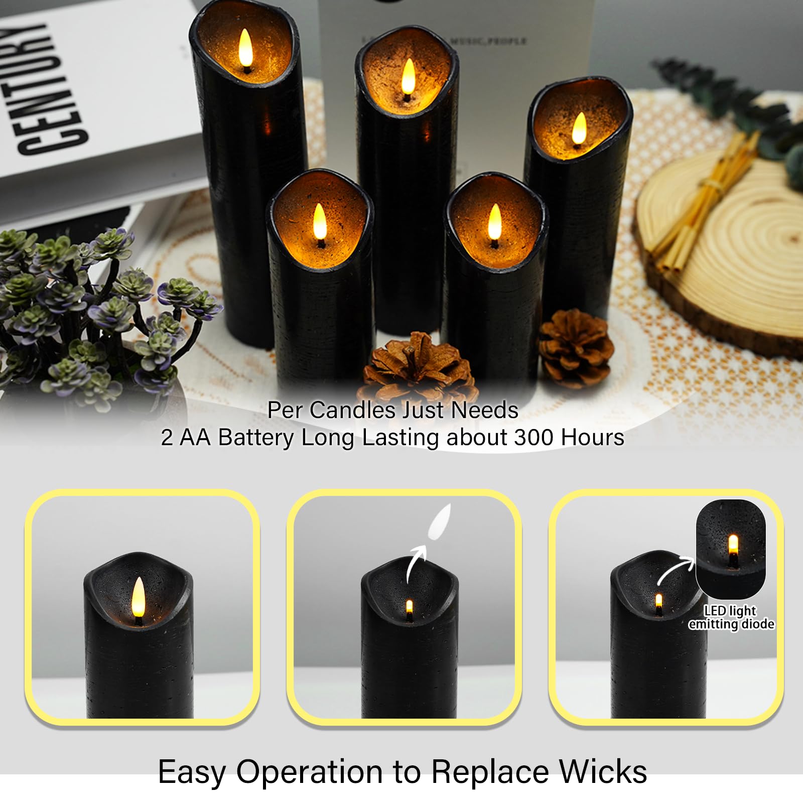 Nimiko Flickering Flameless Candles with Remote Control and Timer Set of 5 Pc Real Wax LED Pillar Candles, Battery Operated Candles（D2.2×H5/5.5"/6"/7"/8"） Home Decor Flameless Candles（Black）