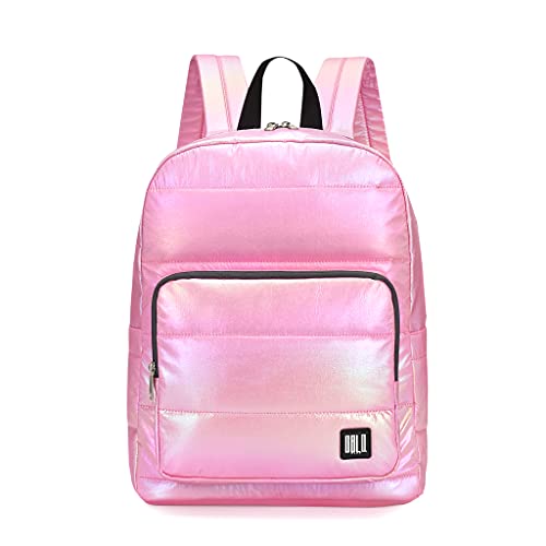 GBLQ PLUS Iridescent Backpack 15 Inch, Super Lightweight Ultra Soft Nylon Shiny Fabric Quilted Casual Daypack Pink