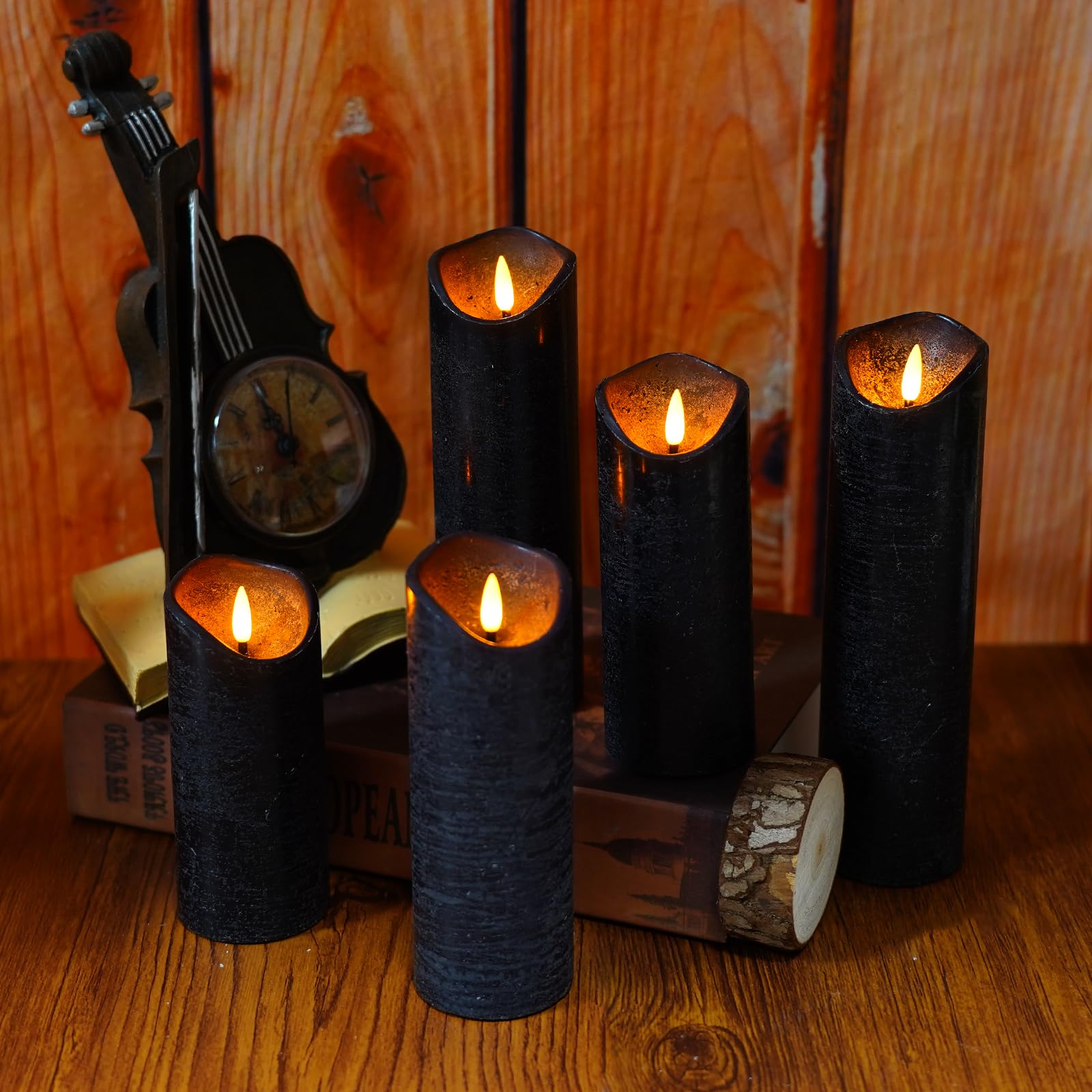 Nimiko Flickering Flameless Candles with Remote Control and Timer Set of 5 Pc Real Wax LED Pillar Candles, Battery Operated Candles（D2.2×H5/5.5"/6"/7"/8"） Home Decor Flameless Candles（Black）