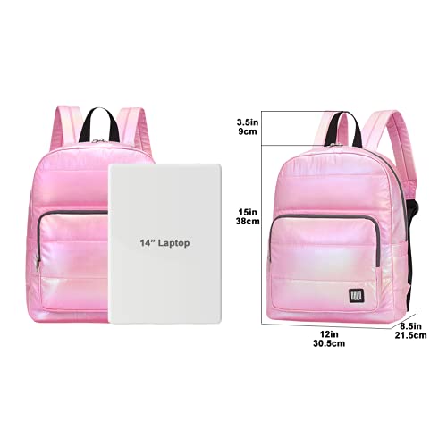 GBLQ PLUS Iridescent Backpack 15 Inch, Super Lightweight Ultra Soft Nylon Shiny Fabric Quilted Casual Daypack Pink