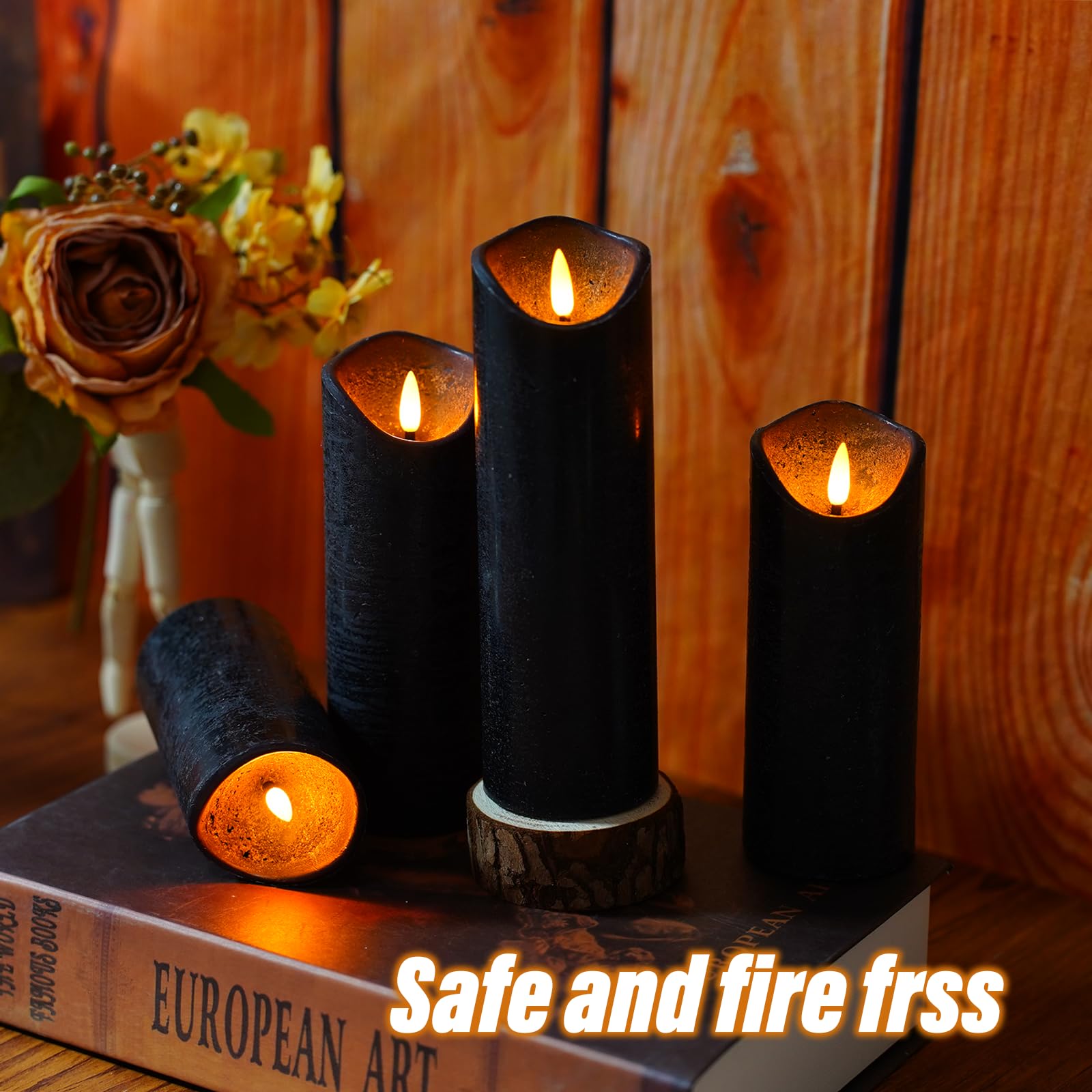 Nimiko Flickering Flameless Candles with Remote Control and Timer Set of 5 Pc Real Wax LED Pillar Candles, Battery Operated Candles（D2.2×H5/5.5"/6"/7"/8"） Home Decor Flameless Candles（Black）