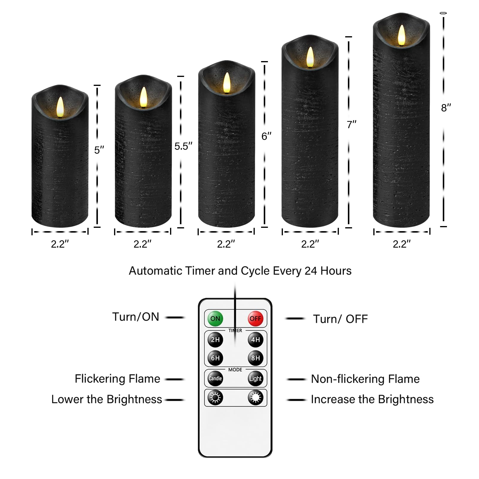 Nimiko Flickering Flameless Candles with Remote Control and Timer Set of 5 Pc Real Wax LED Pillar Candles, Battery Operated Candles（D2.2×H5/5.5"/6"/7"/8"） Home Decor Flameless Candles（Black）