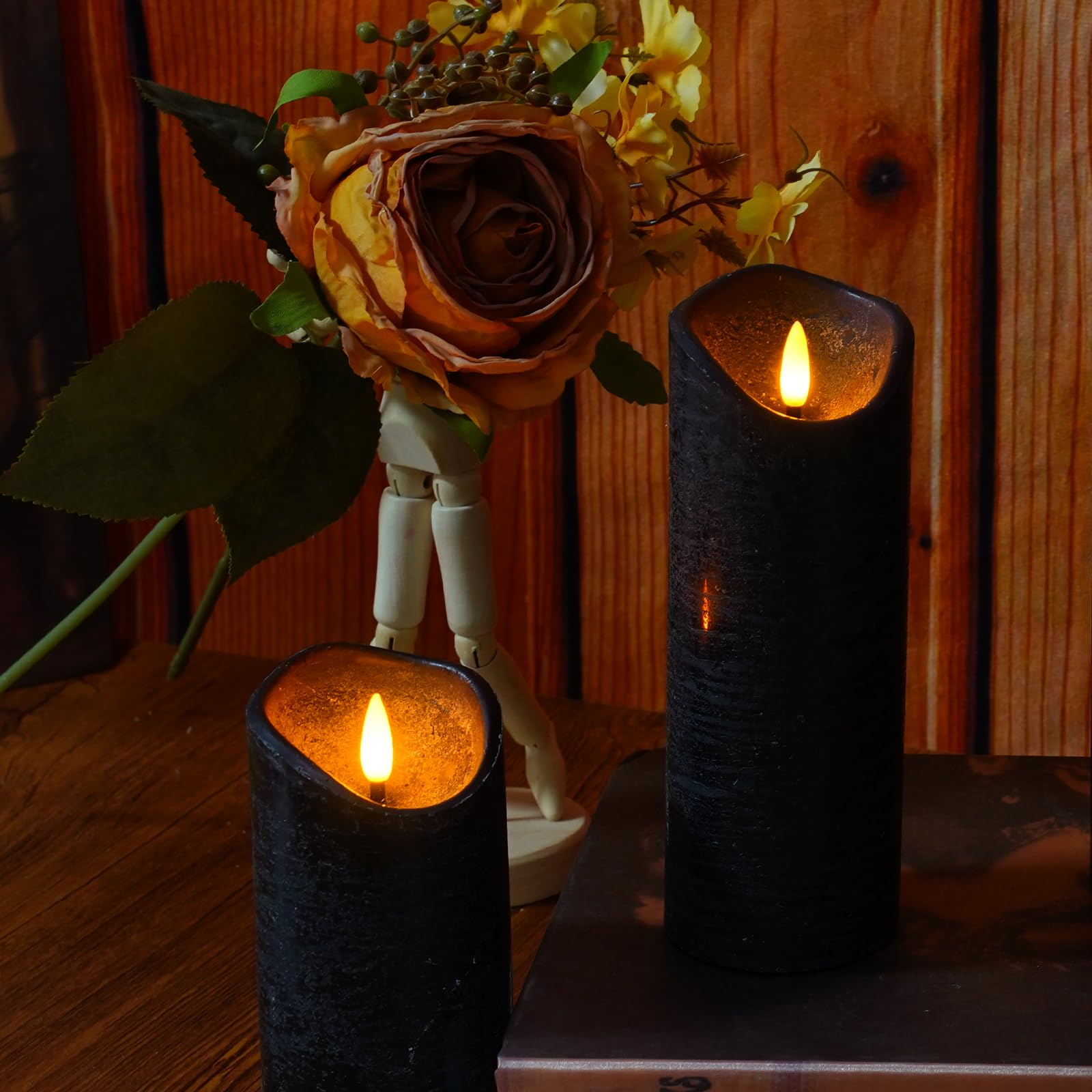 Nimiko Flickering Flameless Candles with Remote Control and Timer Set of 5 Pc Real Wax LED Pillar Candles, Battery Operated Candles（D2.2×H5/5.5"/6"/7"/8"） Home Decor Flameless Candles（Black）
