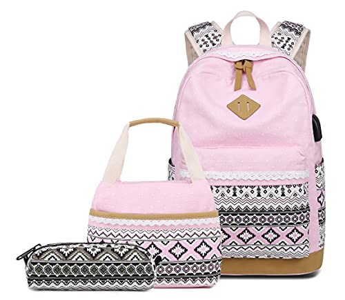 Leaper Geometric Laptop Backpack School Bag Lunch Bag Pencil Bag 3 in 1 Set Pink