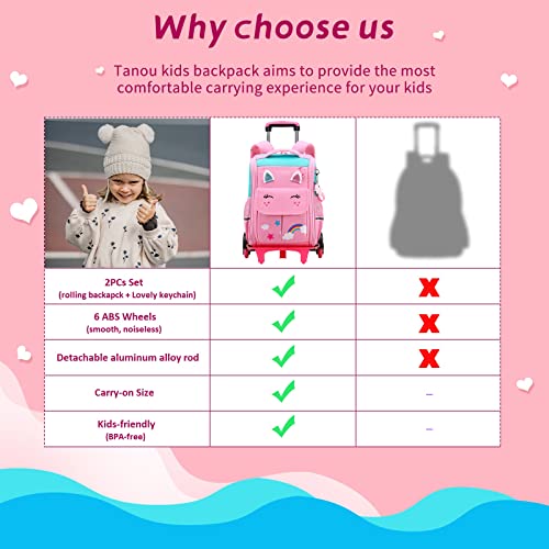Girls Rolling Backpack with 6 Wheels, 16 Inch Lightweight Roller Backpacks for girls Elementary, Carry-on wheeled backpack for School Travel, 4+ Years Old, Pink