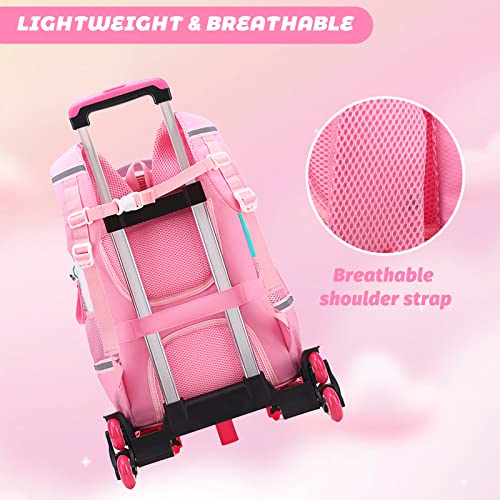 Girls Rolling Backpack with 6 Wheels, 16 Inch Lightweight Roller Backpacks for girls Elementary, Carry-on wheeled backpack for School Travel, 4+ Years Old, Pink