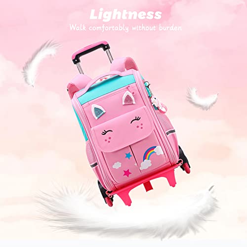Girls Rolling Backpack with 6 Wheels, 16 Inch Lightweight Roller Backpacks for girls Elementary, Carry-on wheeled backpack for School Travel, 4+ Years Old, Pink