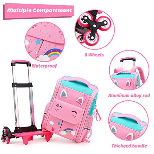 Girls Rolling Backpack with 6 Wheels, 16 Inch Lightweight Roller Backpacks for girls Elementary, Carry-on wheeled backpack for School Travel, 4+ Years Old, Pink