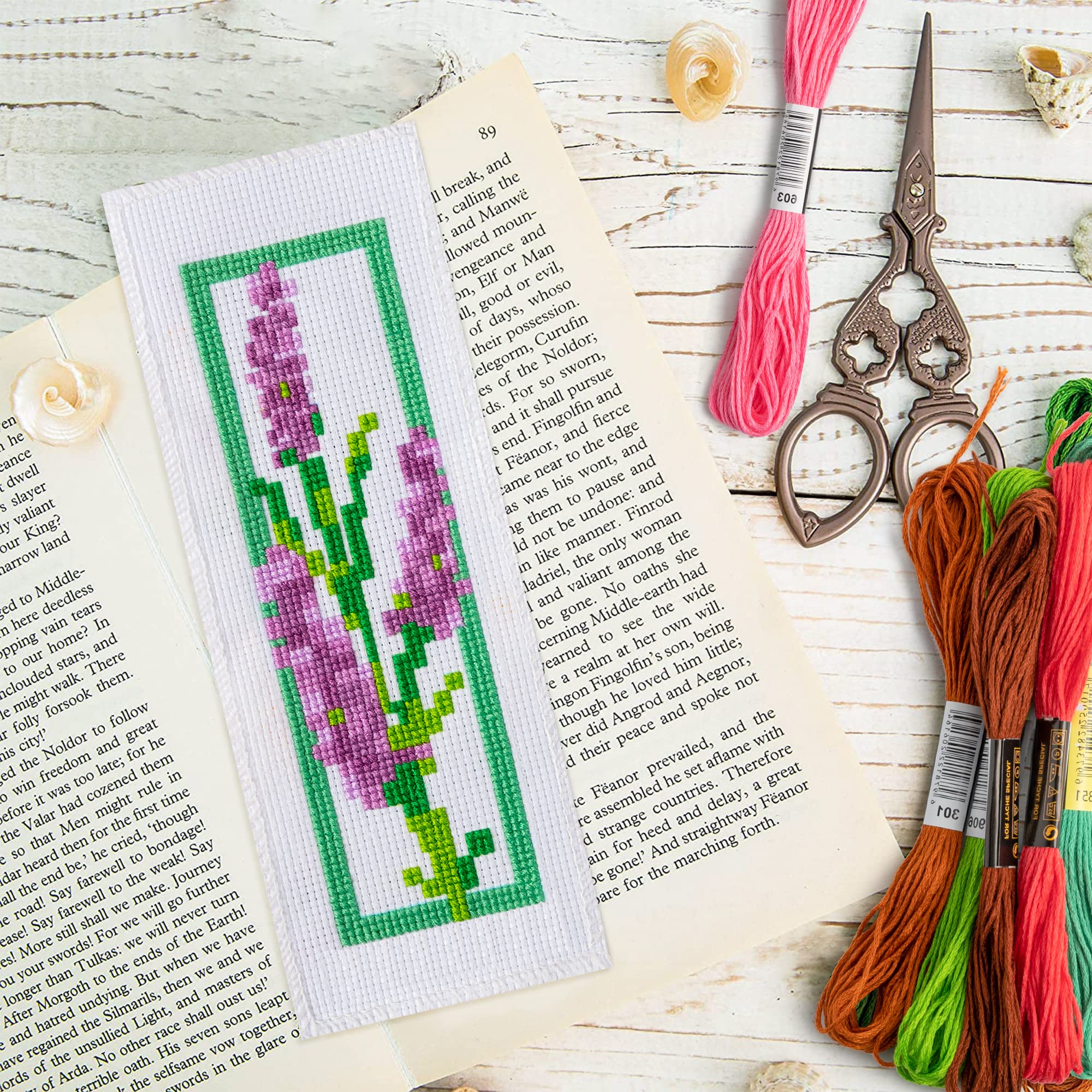WATINC 3Pcs Cross Stitch Bookmark Kits Flower Patterns DIY Stamped Embroidery Bookmarks for Beginners Tulip Sunflower Lavender Needlepoint Starter Kits Craft Supplies Handmade Gifts for Book Lovers