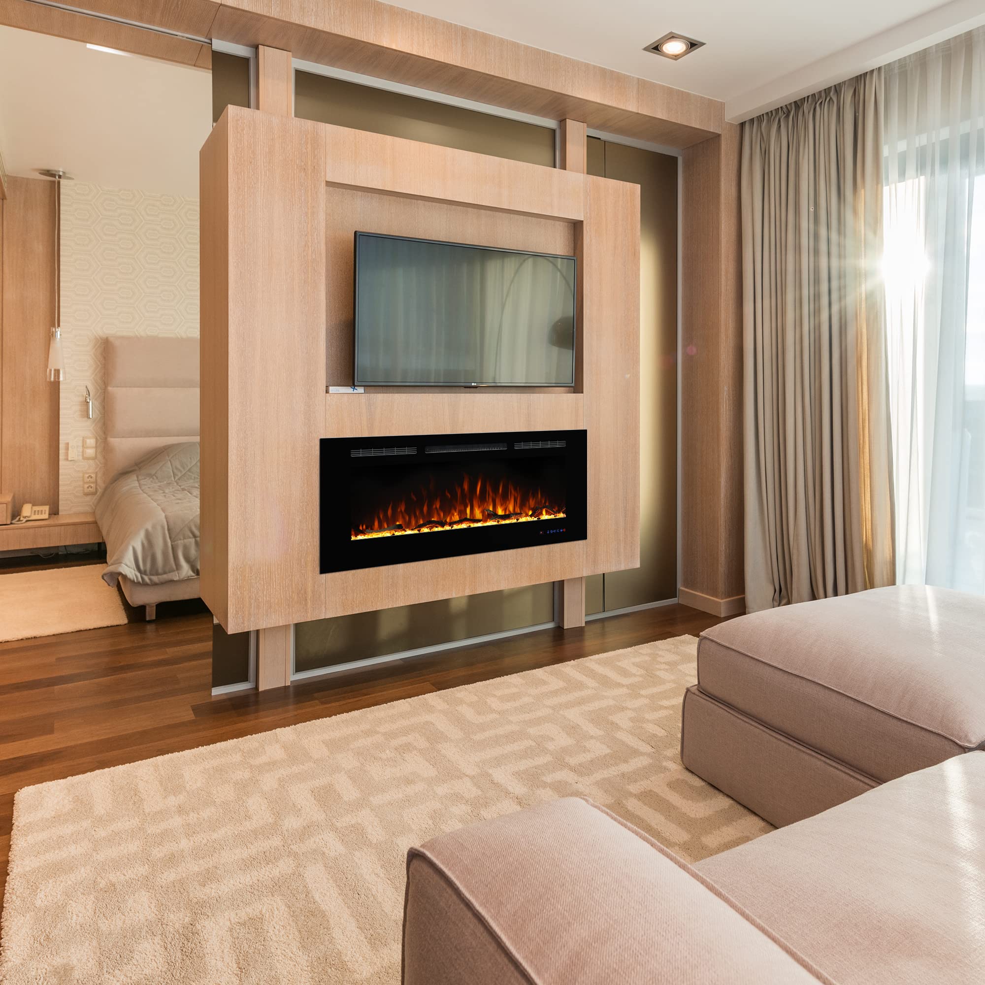 Dreamflame Electric Fireplace 50inches, Wall-Mounted & Recessed Fireplace Inserts, Multicolor Flame w/5 Dimmer, Remote Control Thermostat, Timer, Overheating Protection, Hardwire Connect, 1500W,Black