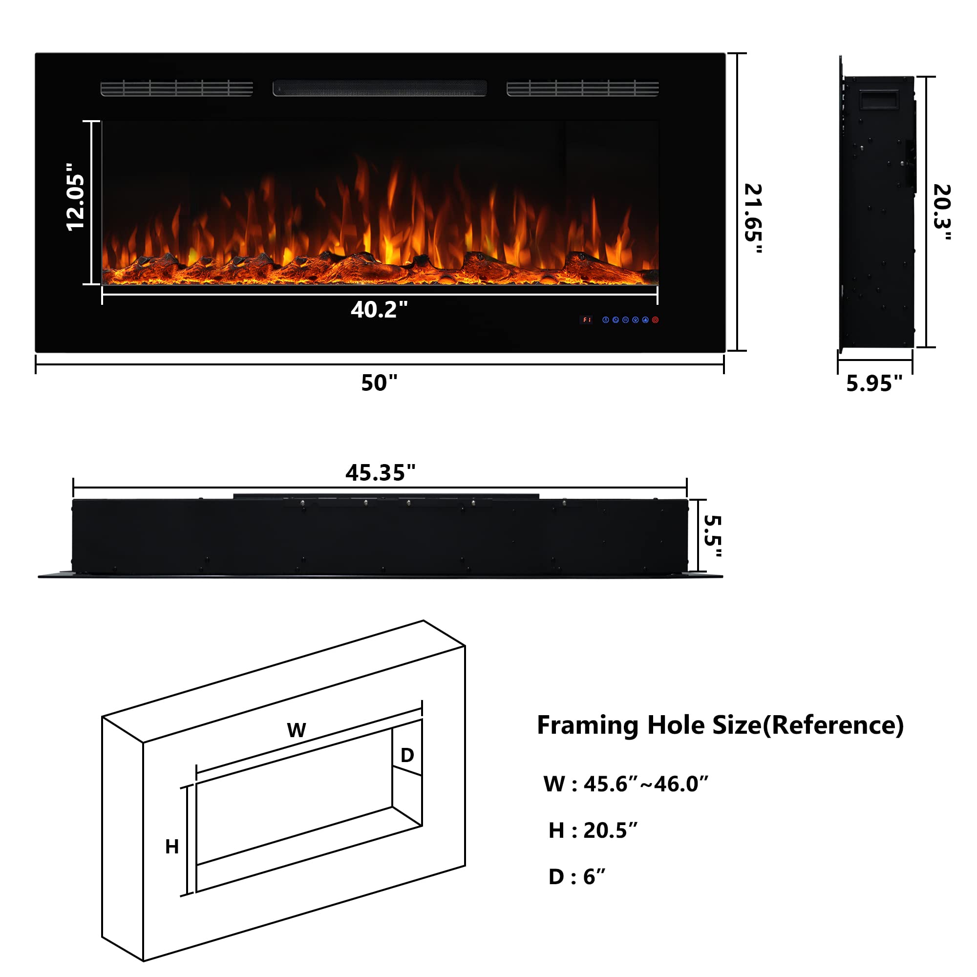 Dreamflame Electric Fireplace 50inches, Wall-Mounted & Recessed Fireplace Inserts, Multicolor Flame w/5 Dimmer, Remote Control Thermostat, Timer, Overheating Protection, Hardwire Connect, 1500W,Black