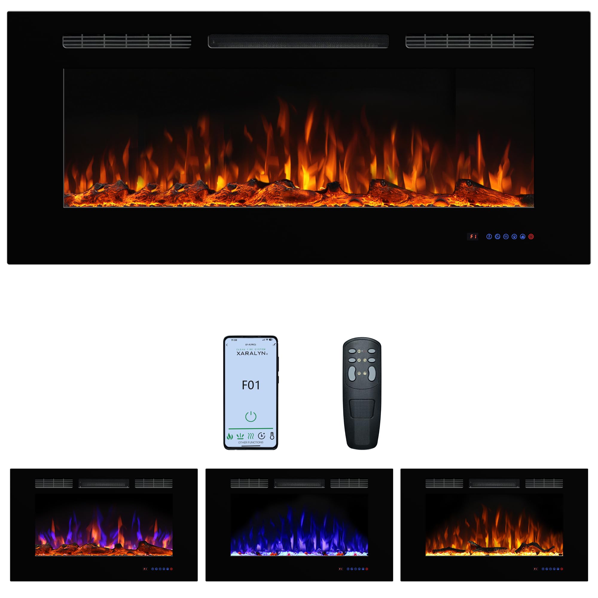 Dreamflame Electric Fireplace 50inches, Wall-Mounted & Recessed Fireplace Inserts, Multicolor Flame w/5 Dimmer, Remote Control Thermostat, Timer, Overheating Protection, Hardwire Connect, 1500W,Black