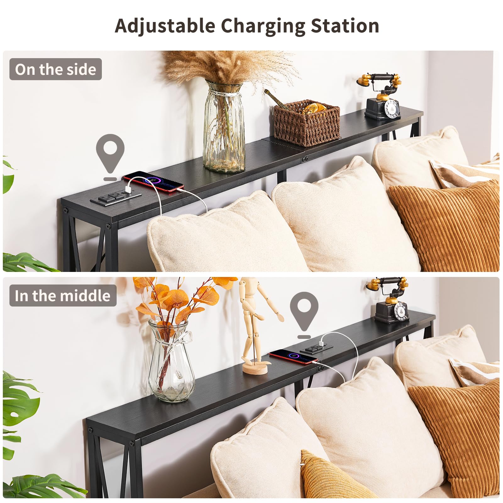 ELYKEN 5.9" Narrow Console Sofa Table with Power Outlets, 5.9" Dx63 Wx31.5 H Long Skinny Behind Couch Table with “X” Cross Metal Frame and Charge Station with 6.5’ Extension Cord, Black