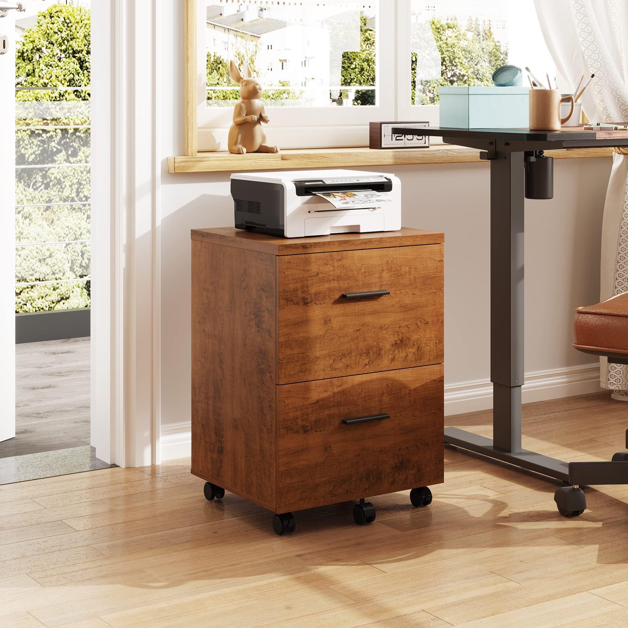 DEVAISE Wood File Cabinet, 2 Drawer Filing Cabinet for Home Office, Vertical File Cabinets with Wheels fits A4/Letter/Legal Size File, Walnut