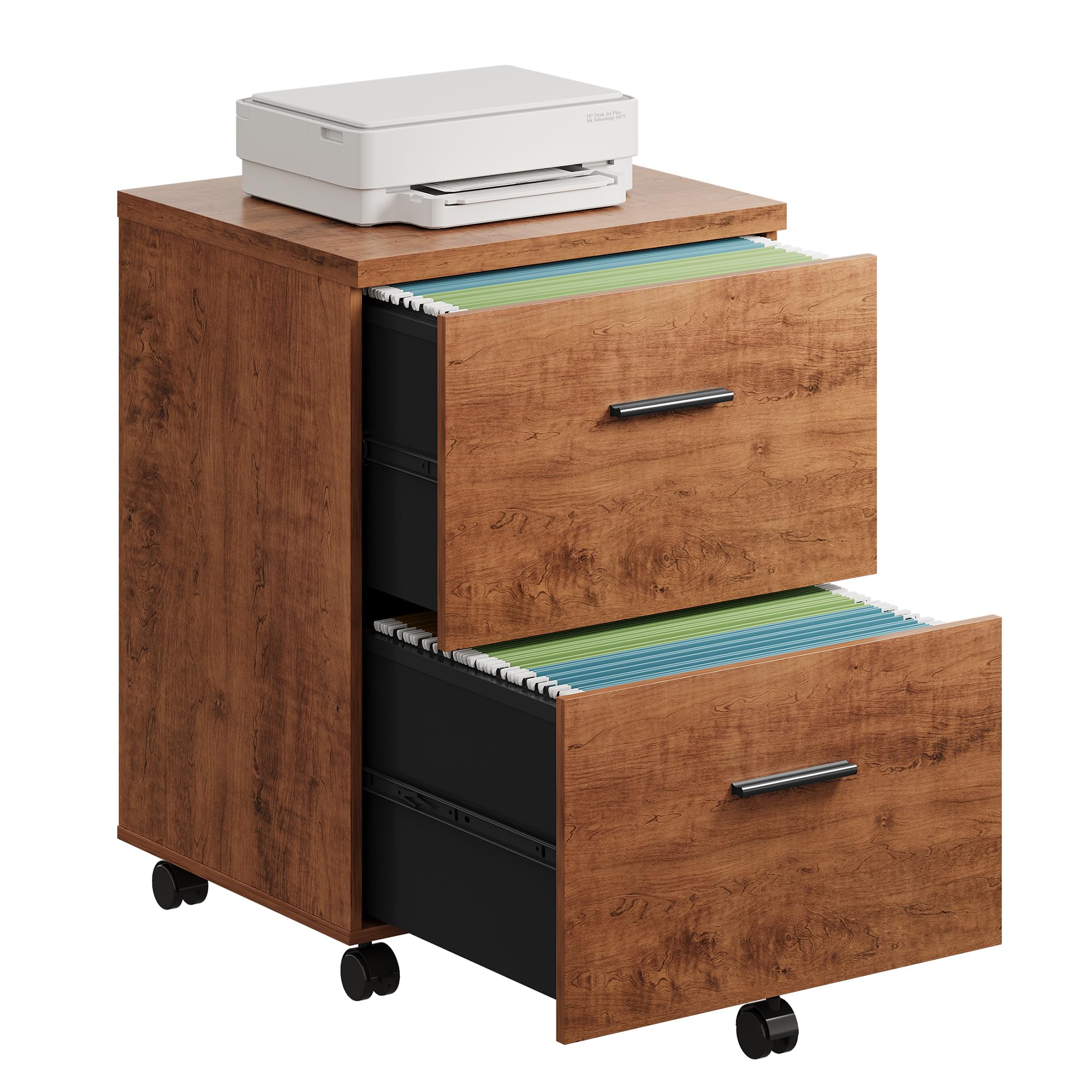 DEVAISE Wood File Cabinet, 2 Drawer Filing Cabinet for Home Office, Vertical File Cabinets with Wheels fits A4/Letter/Legal Size File, Walnut