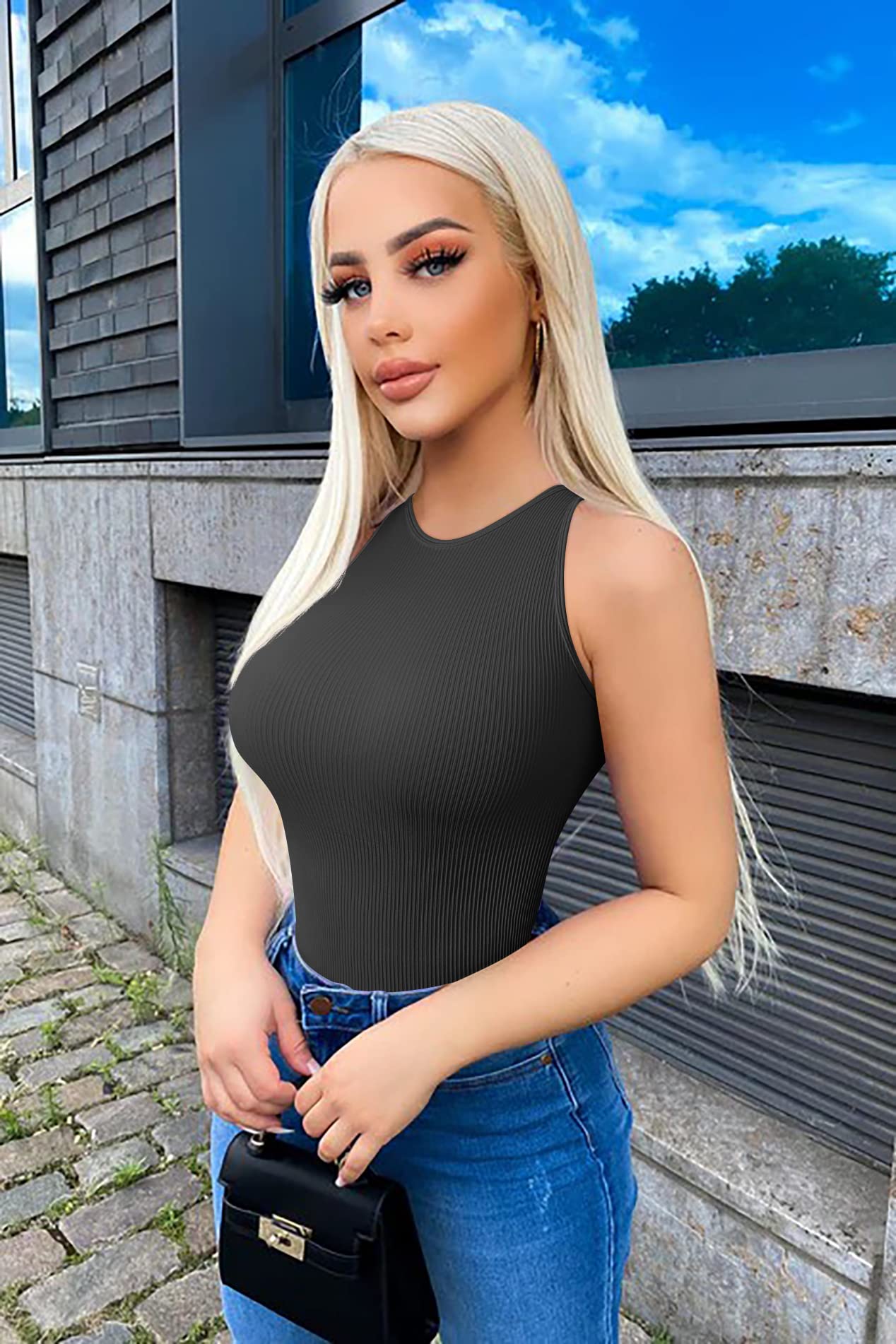 OQQ Women's 3 Piece Bodysuits Sexy Ribbed One Piece Sleeveless Halter Neck Tops Leotard Summer Trendy Black Coffee White
