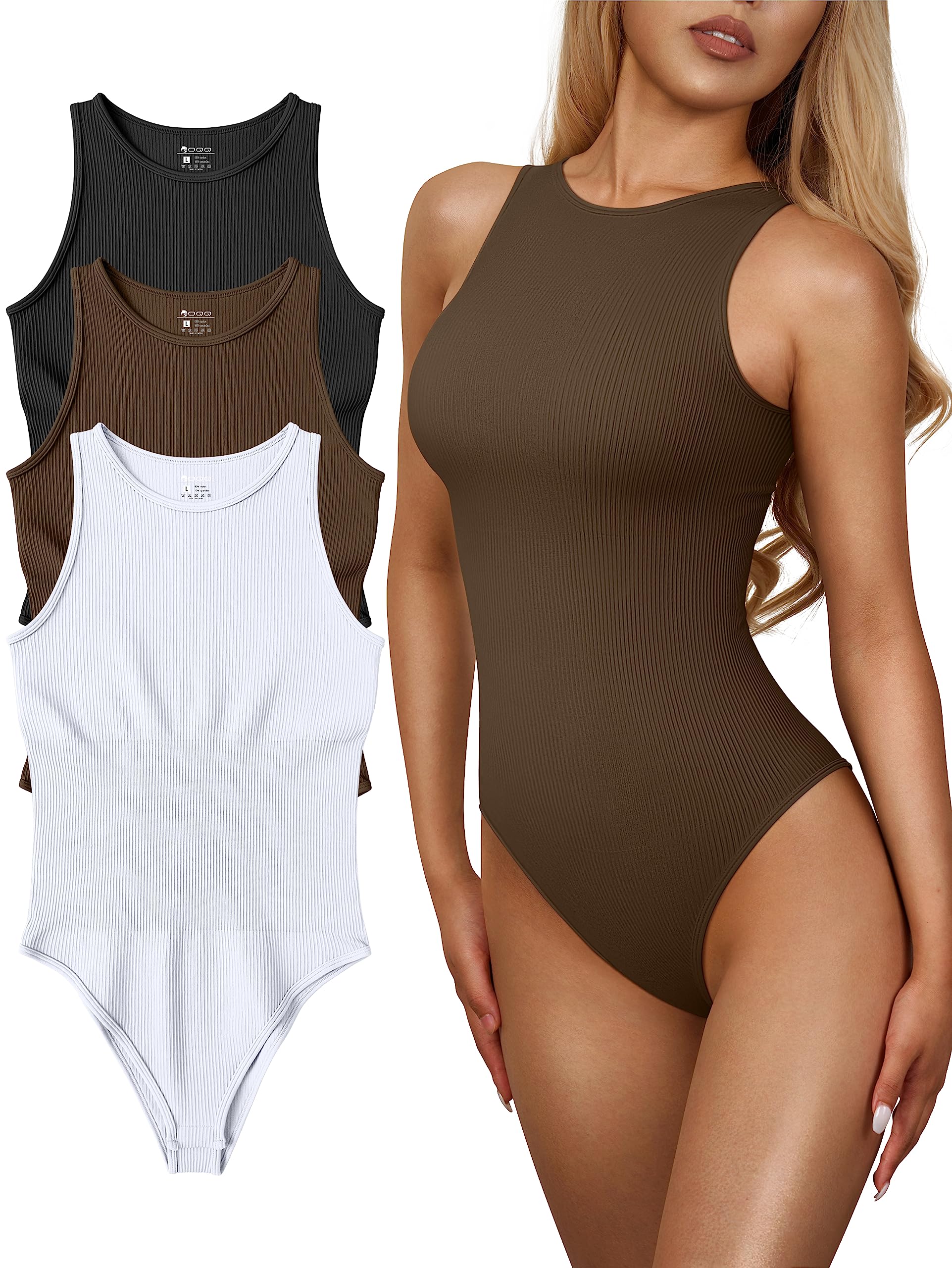 OQQ Women's 3 Piece Bodysuits Sexy Ribbed One Piece Sleeveless Halter Neck Tops Leotard Summer Trendy Black Coffee White