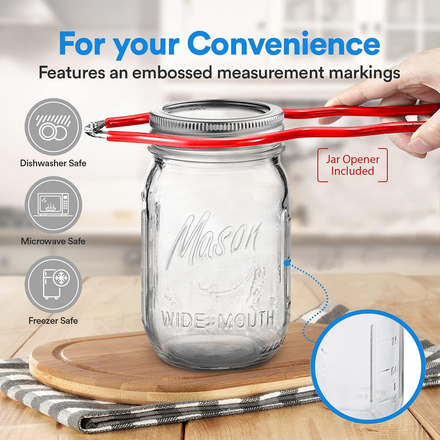 Wide Mouth Mason Jars 32 oz. (4 Pack) - Quart Size Jars with Airtight Lids and Bands - Made in USA - for Canning, Fermenting, Pickling, or DIY Decors and Projects - Bundled with Jar Opener