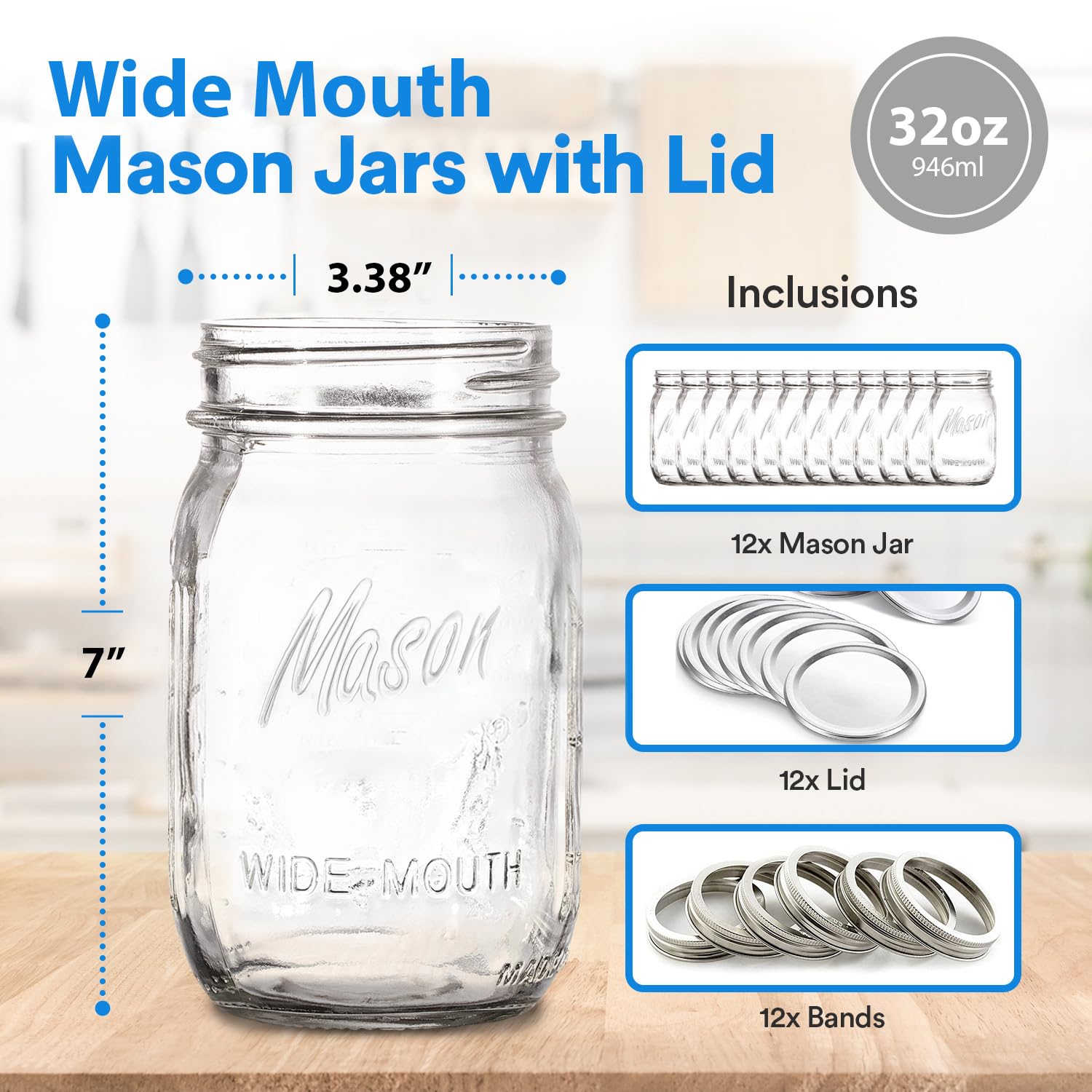 Wide Mouth Mason Jars 32 oz. (4 Pack) - Quart Size Jars with Airtight Lids and Bands - Made in USA - for Canning, Fermenting, Pickling, or DIY Decors and Projects - Bundled with Jar Opener