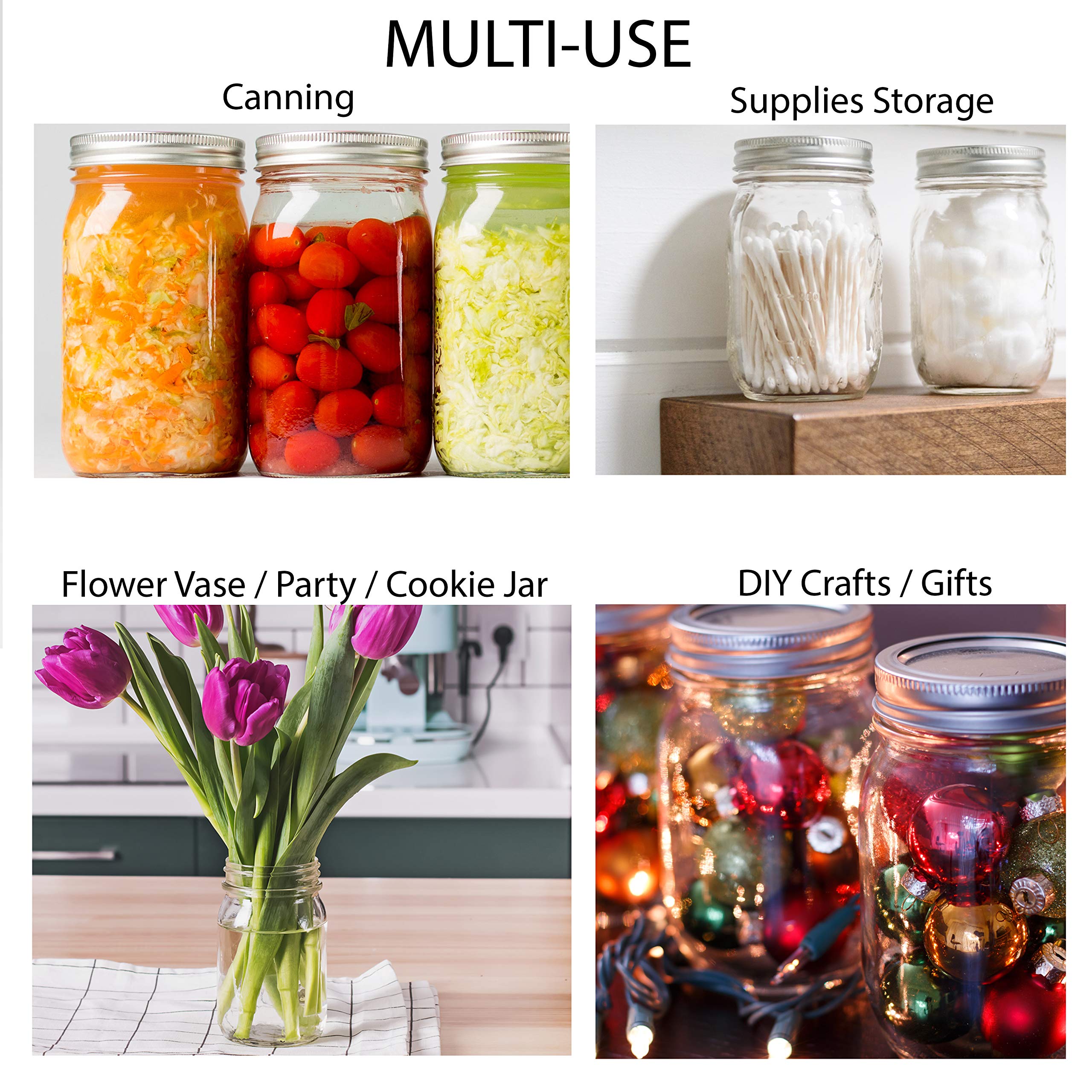 Wide Mouth Mason Jars 32 oz. (4 Pack) - Quart Size Jars with Airtight Lids and Bands - Made in USA - for Canning, Fermenting, Pickling, or DIY Decors and Projects - Bundled with Jar Opener