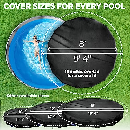 8 ft Pool Cover for Above Ground Pools, Solar Pool Cover with Drawstring Design, Round Pool Cover, Winter Swimming Pool Cover, Hot Tub Cover, Absorbs Heat, Protects from Debris, Black