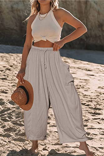 SENSERISE Womens High Waisted Linen Palazzo Pants Wide Leg Lounge Beach Harem Pants Baggy Trousers with Big Pockets(Light Grey,XL)
