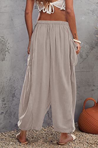 SENSERISE Womens High Waisted Linen Palazzo Pants Wide Leg Lounge Beach Harem Pants Baggy Trousers with Big Pockets(Light Grey,XL)