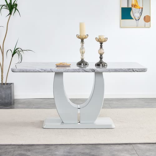 Pvillez Dining Table, Marble Texture Dining Table, Dining Room Kitchen Table, Modern Rectangle Dining Tables Set with Stone Top, White Dinner Office Computer Table for 4-6