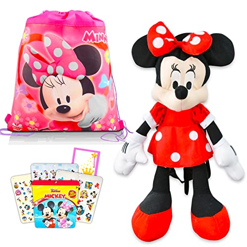 Disney Minnie Mouse Plush Backpack Set - Bundle with Minnie Travel Bag, Drawstring Bag, Stickers and More (Minnie Shoulder Bag for Toddler Girls)