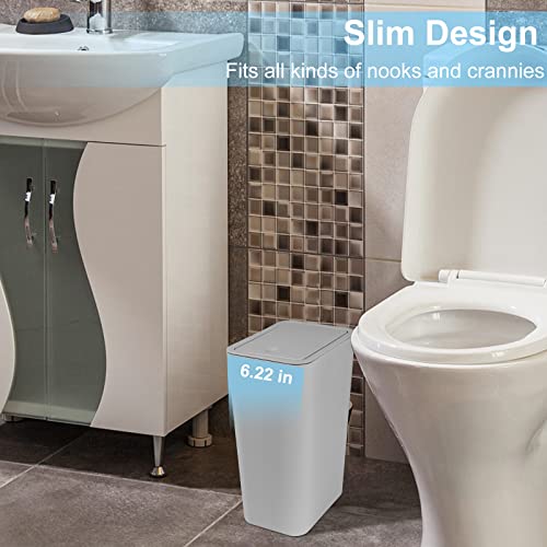 Odonata 3 Pack 10L / 2.6 Gallon Small Trash Can with Lid, Slim Garbage Can with Pop-Up Lid, Waste Basket for Bathroom, Kitchen, Bedroom, Powder Room, Craft Room, Office, College,RV.(Gray)