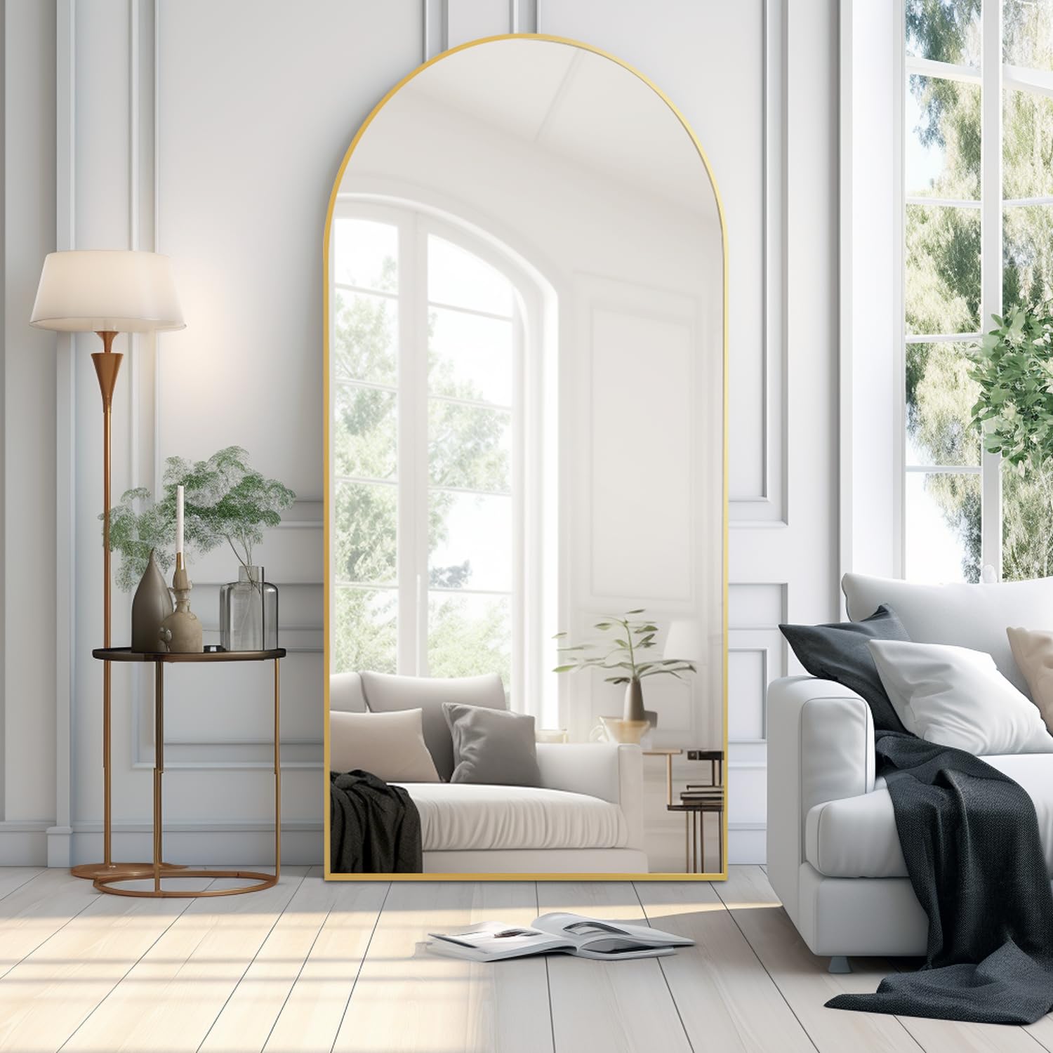 Dewfig Arched Full Length Mirror, 71"*30", Large Floor Mirrors with Stand, Full Body Mirror Standing Mirrors for Leaning Hanging Bedroom, Living Room,Dressing Room, Aluminum Alloy Frame, Gold