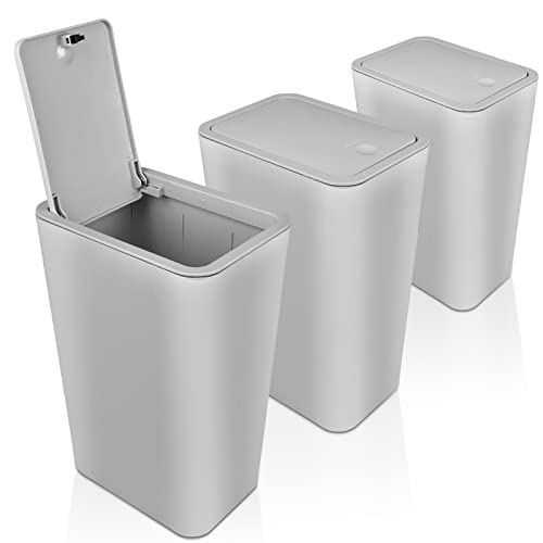 Odonata 3 Pack 10L / 2.6 Gallon Small Trash Can with Lid, Slim Garbage Can with Pop-Up Lid, Waste Basket for Bathroom, Kitchen, Bedroom, Powder Room, Craft Room, Office, College,RV.(Gray)