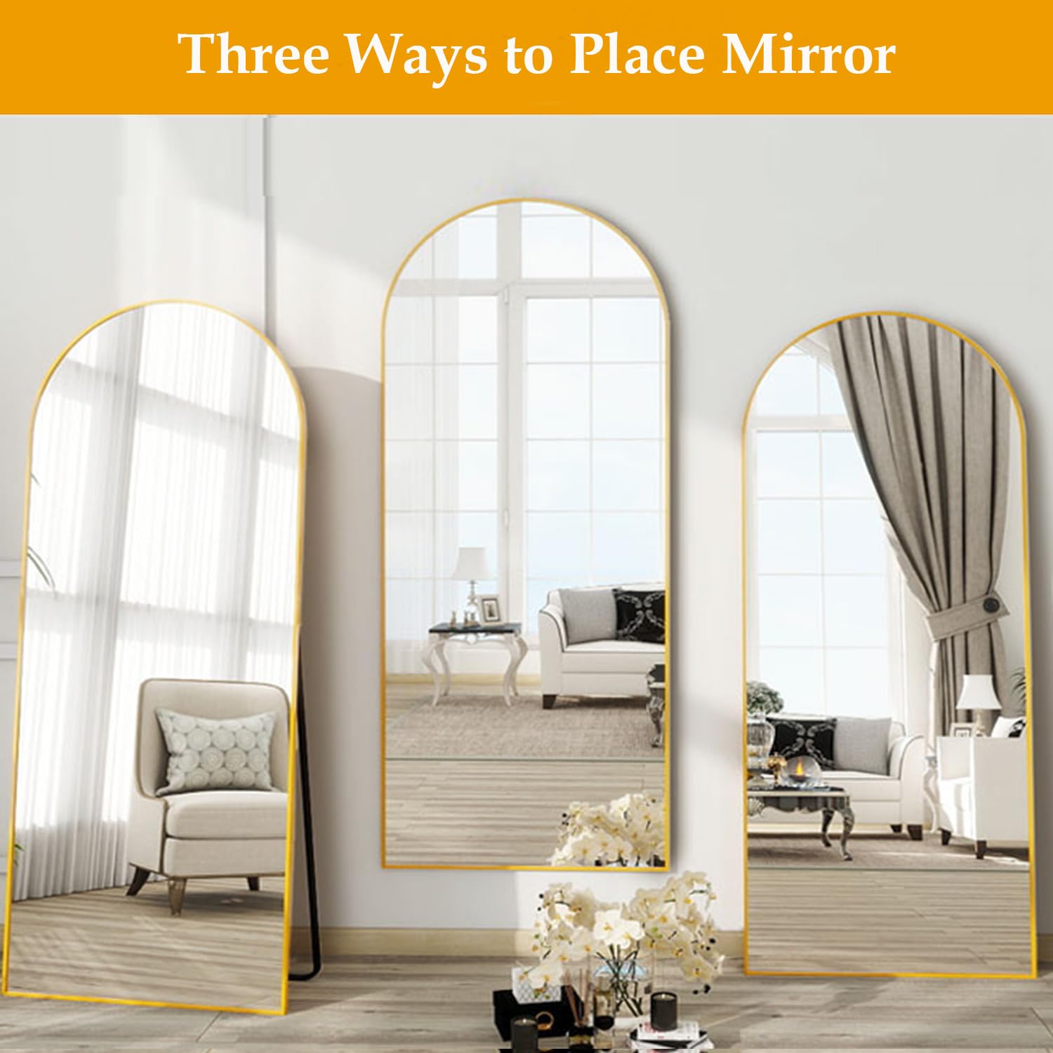 Dewfig Arched Full Length Mirror, 71"*30", Large Floor Mirrors with Stand, Full Body Mirror Standing Mirrors for Leaning Hanging Bedroom, Living Room,Dressing Room, Aluminum Alloy Frame, Gold