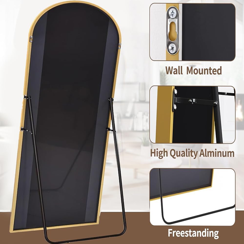 Dewfig Arched Full Length Mirror, 71"*30", Large Floor Mirrors with Stand, Full Body Mirror Standing Mirrors for Leaning Hanging Bedroom, Living Room,Dressing Room, Aluminum Alloy Frame, Gold