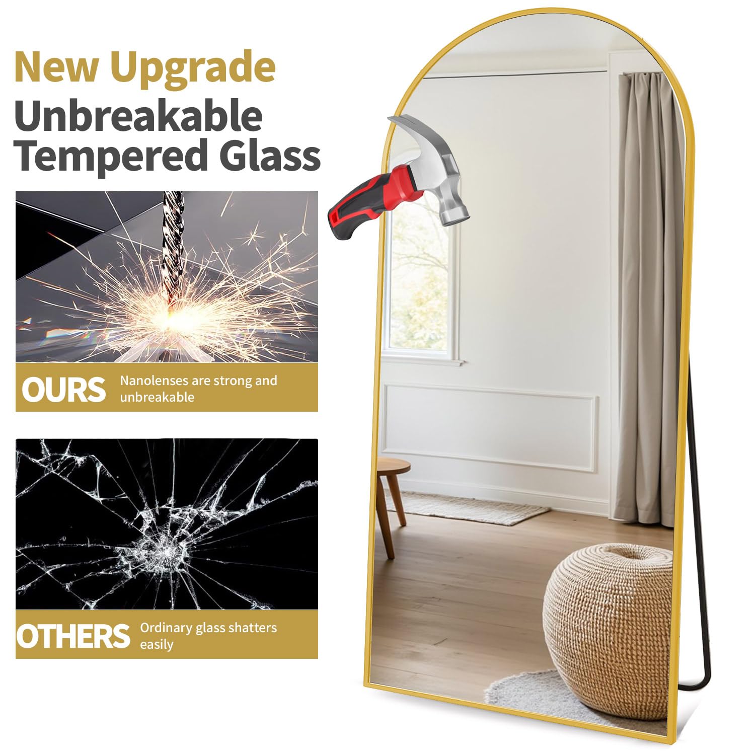 Dewfig Arched Full Length Mirror, 71"*30", Large Floor Mirrors with Stand, Full Body Mirror Standing Mirrors for Leaning Hanging Bedroom, Living Room,Dressing Room, Aluminum Alloy Frame, Gold